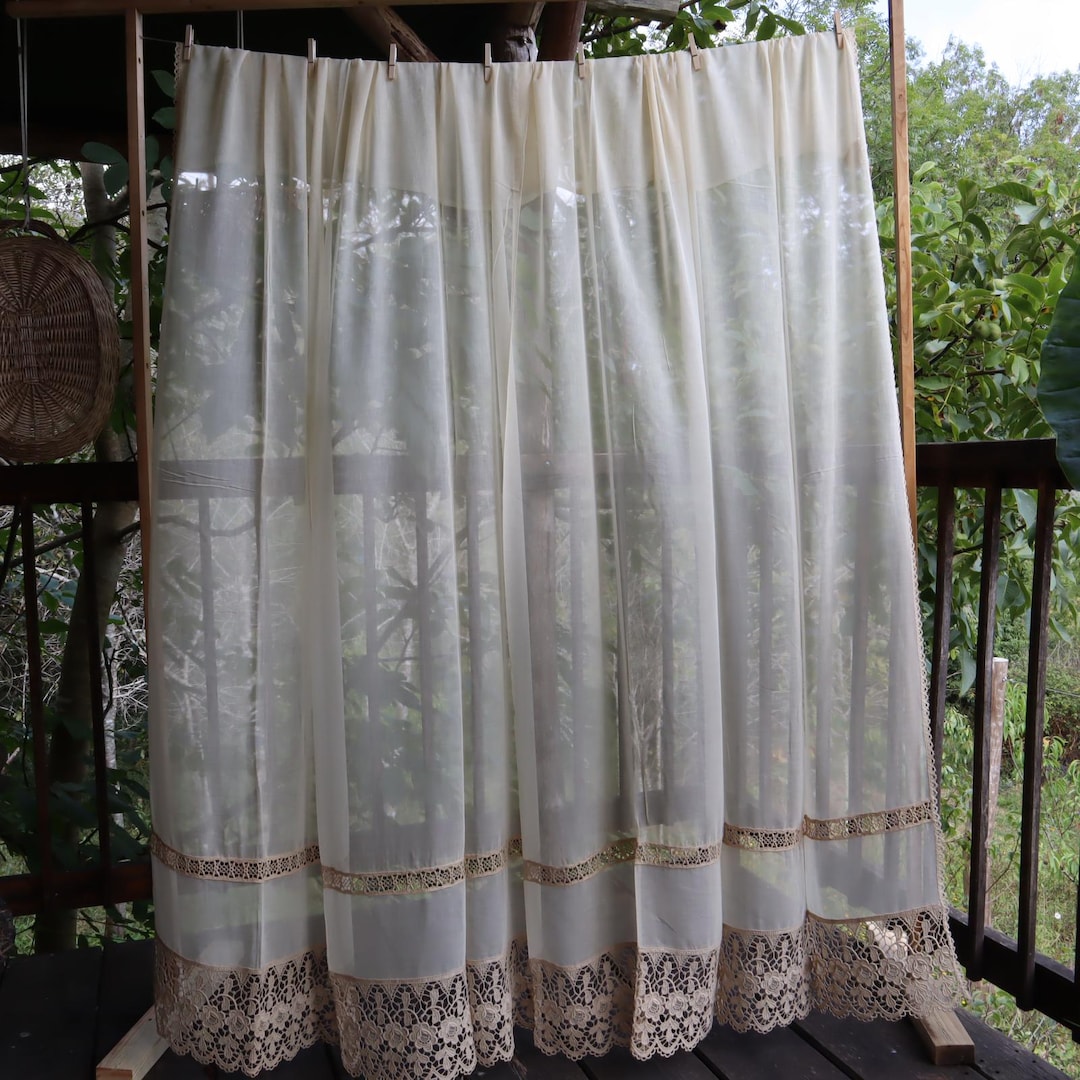 Antique Belgian Linen Curtain: Bruges Lace Border, Swiss Linen Panel ...