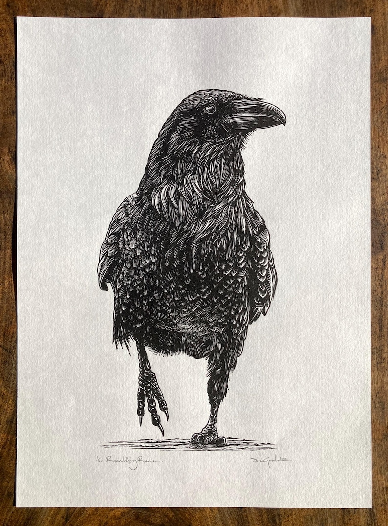Rambling Raven - Hand Carved Corvid Bird Lino Print, Titled, Dated ...
