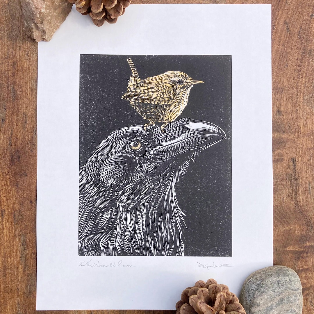 The Wren and the Raven. 2 Colour Lino Cut Bird Print Hand Carved ...