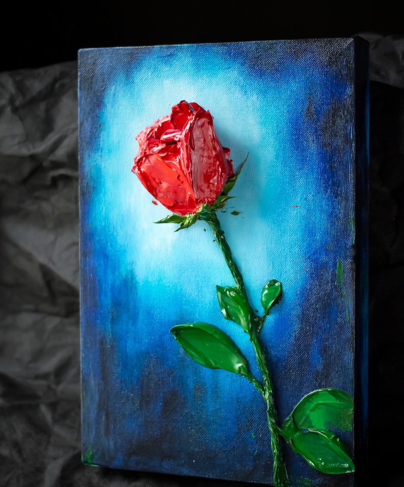 3D Painting, One Red Rose Bud Touchart unique 3D Acrylic Paint by Andrii Rays, Impasto, Flowers ...