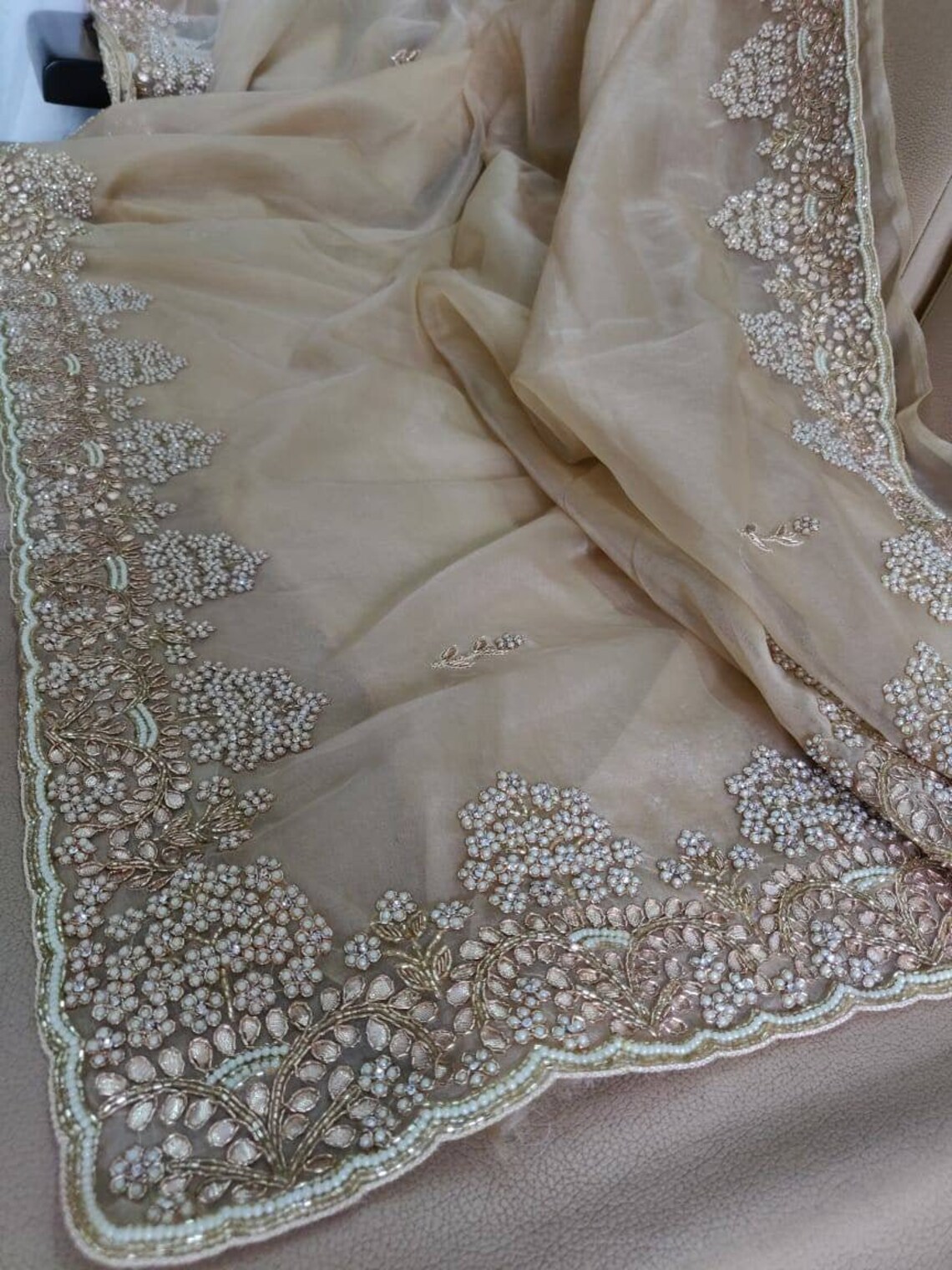 Zynah Organza Silk Saree With Cut Dana, Pearl Beads and Gota Patti ...