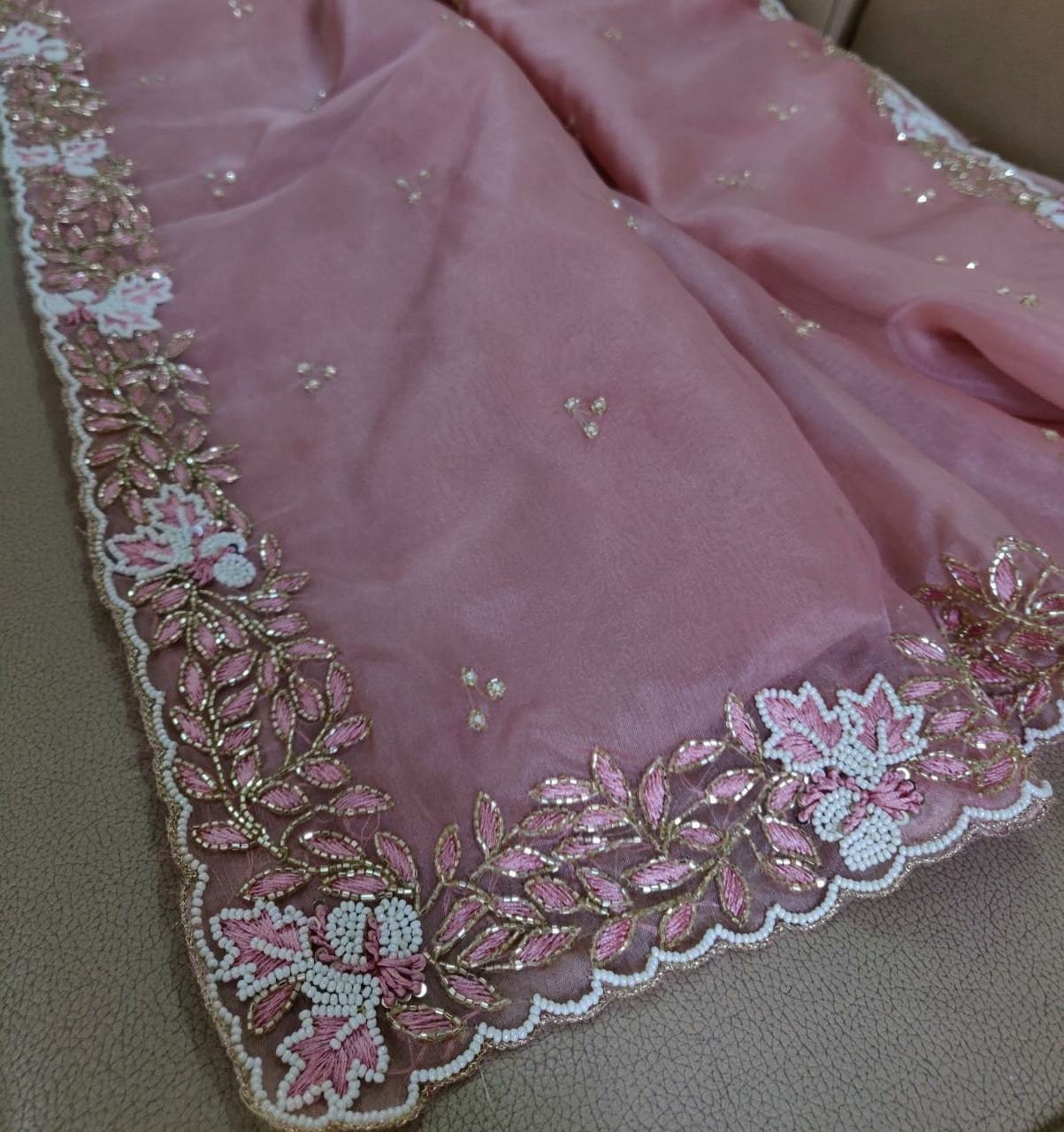 Zynah Organza Silk Saree, Cutdana Work, Pearl Beads Handwork Custom ...