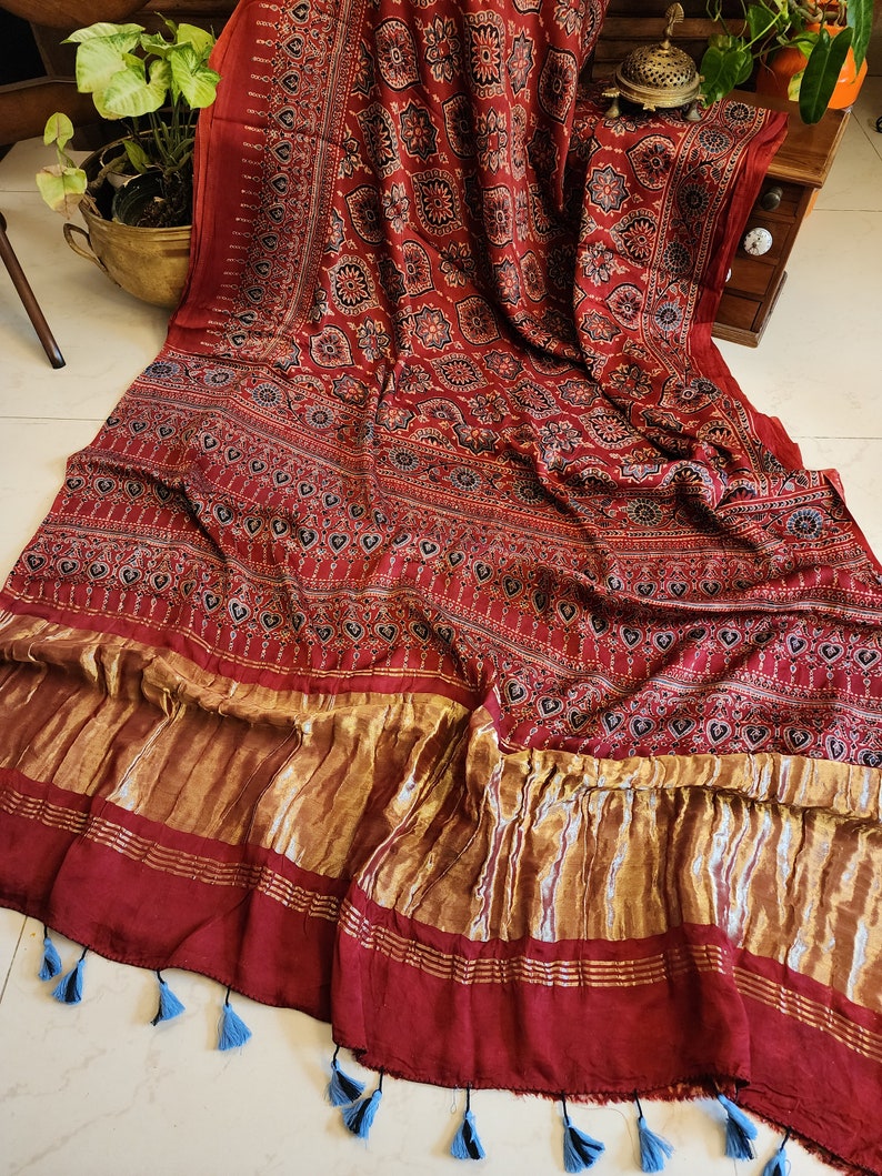 Madder Red Modal Silk Vegetable Dye Ajrakh Saree Tissue Pallu,stitched ...