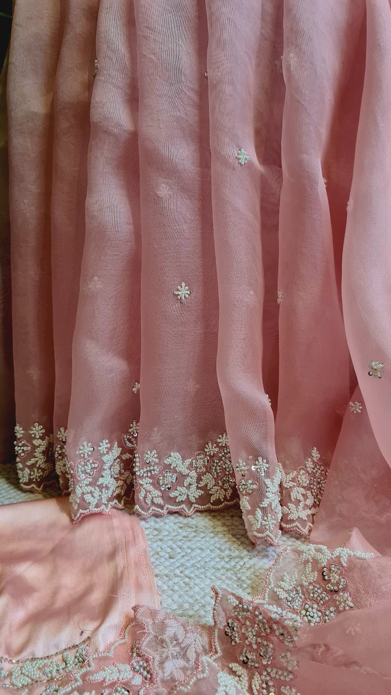 Zynah Peachish Pink Pure Organza Silk Saree With Sequence, Pearls & Cut ...