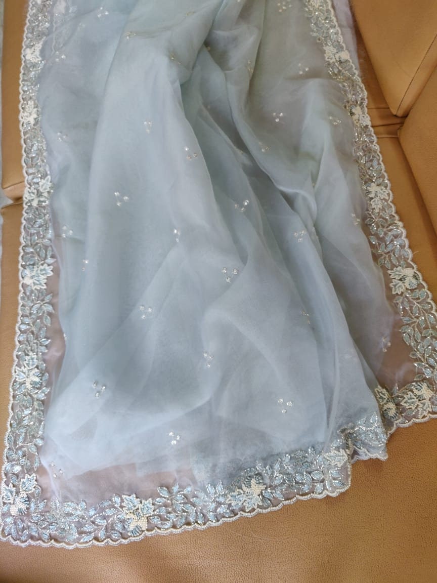 Zynah Organza Silk Saree, Cutdana,pearlbeads, Zardosi Work, Stitched ...