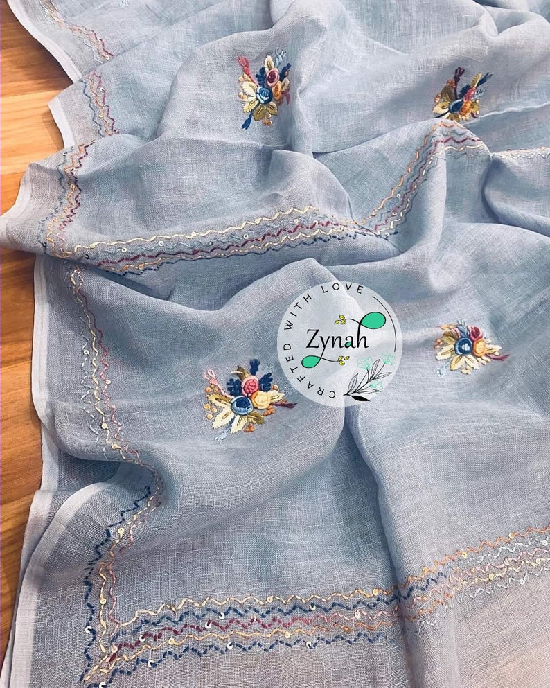 Pure Linen Saree With Hand Embroidery and French Knot Work; Custom ...