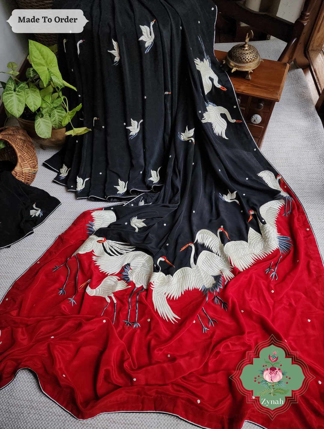 Black & Cherry Red Pure Crepe Silk Authentic Parsi Gara Saree With Hand ...