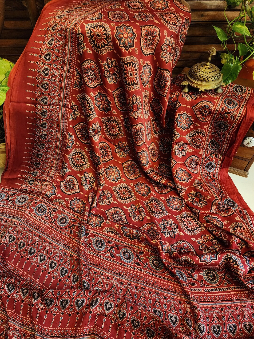 Madder Red Modal Silk Vegetable Dye Ajrakh Saree Tissue Pallu,stitched ...