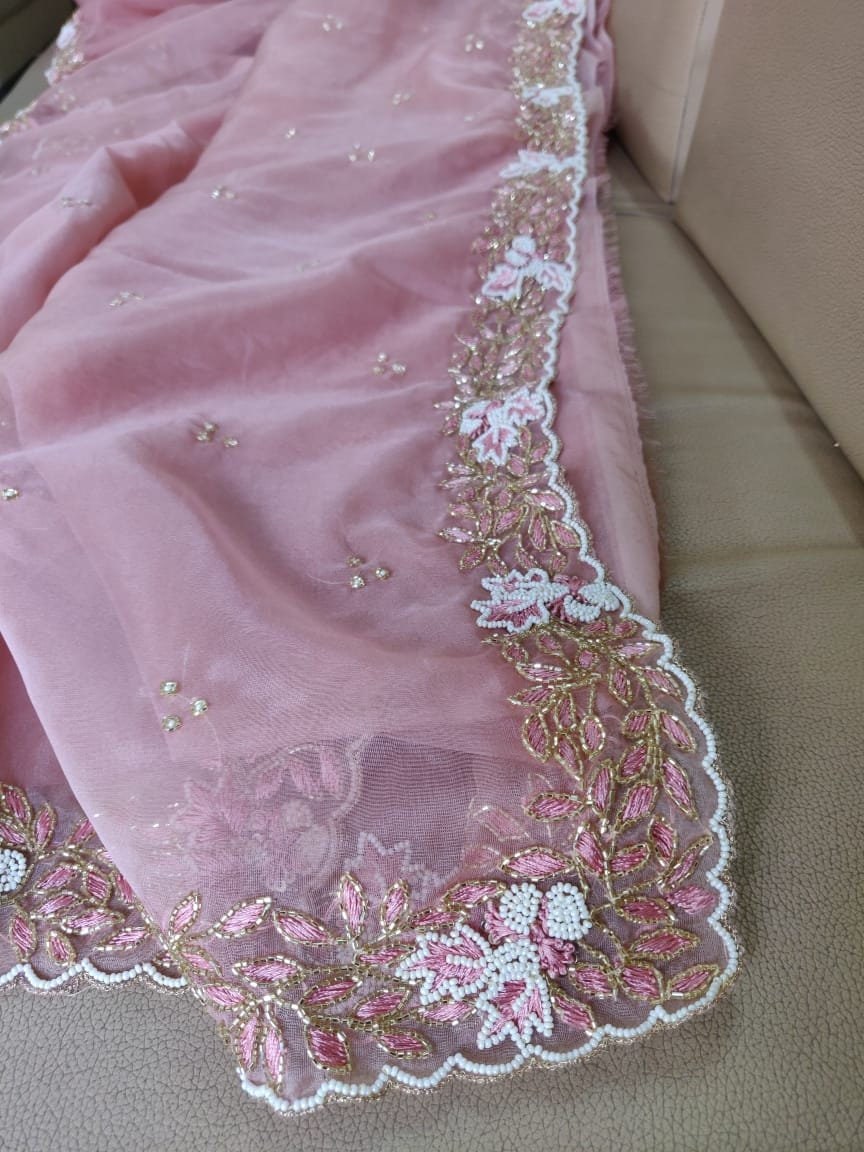Zynah Organza Silk Saree, Cutdana Work, Pearl Beads Handwork Custom ...