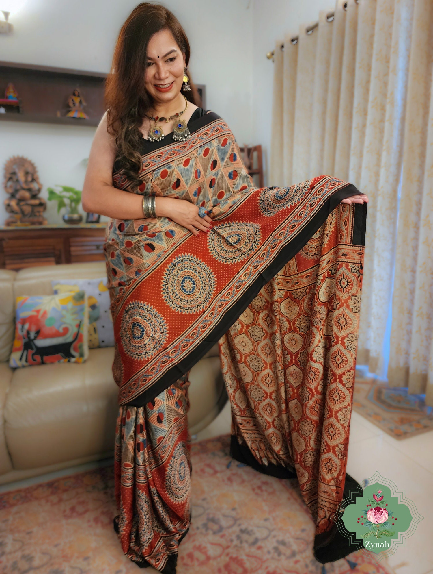 Madder Red Ajrakh Modal Silk Saree With Skirt Border, Crafted With 100% ...