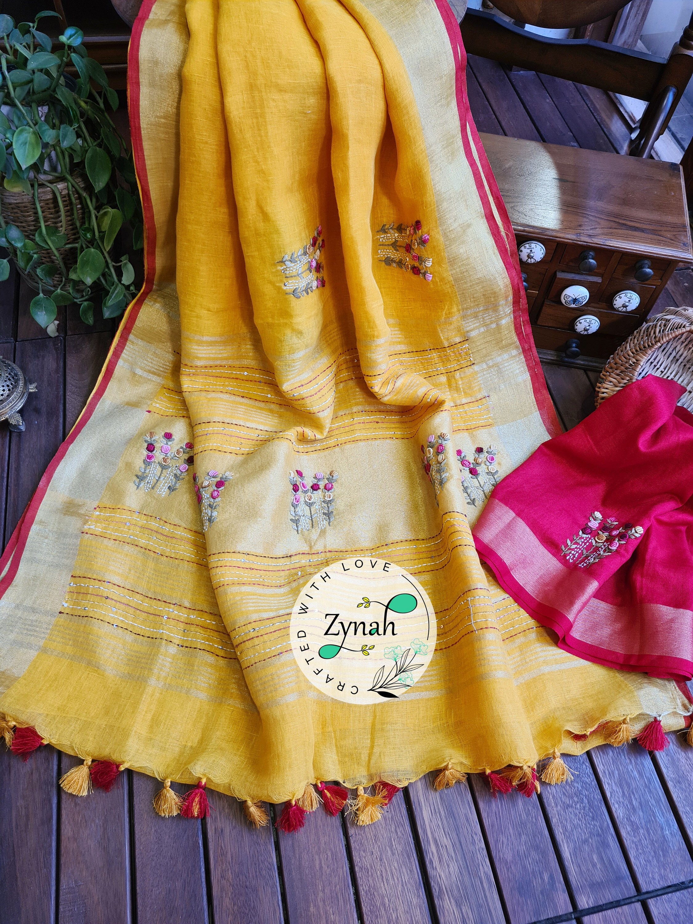 Pure Linen Saree With Hand Embroidery and French Knot Work; Custom ...