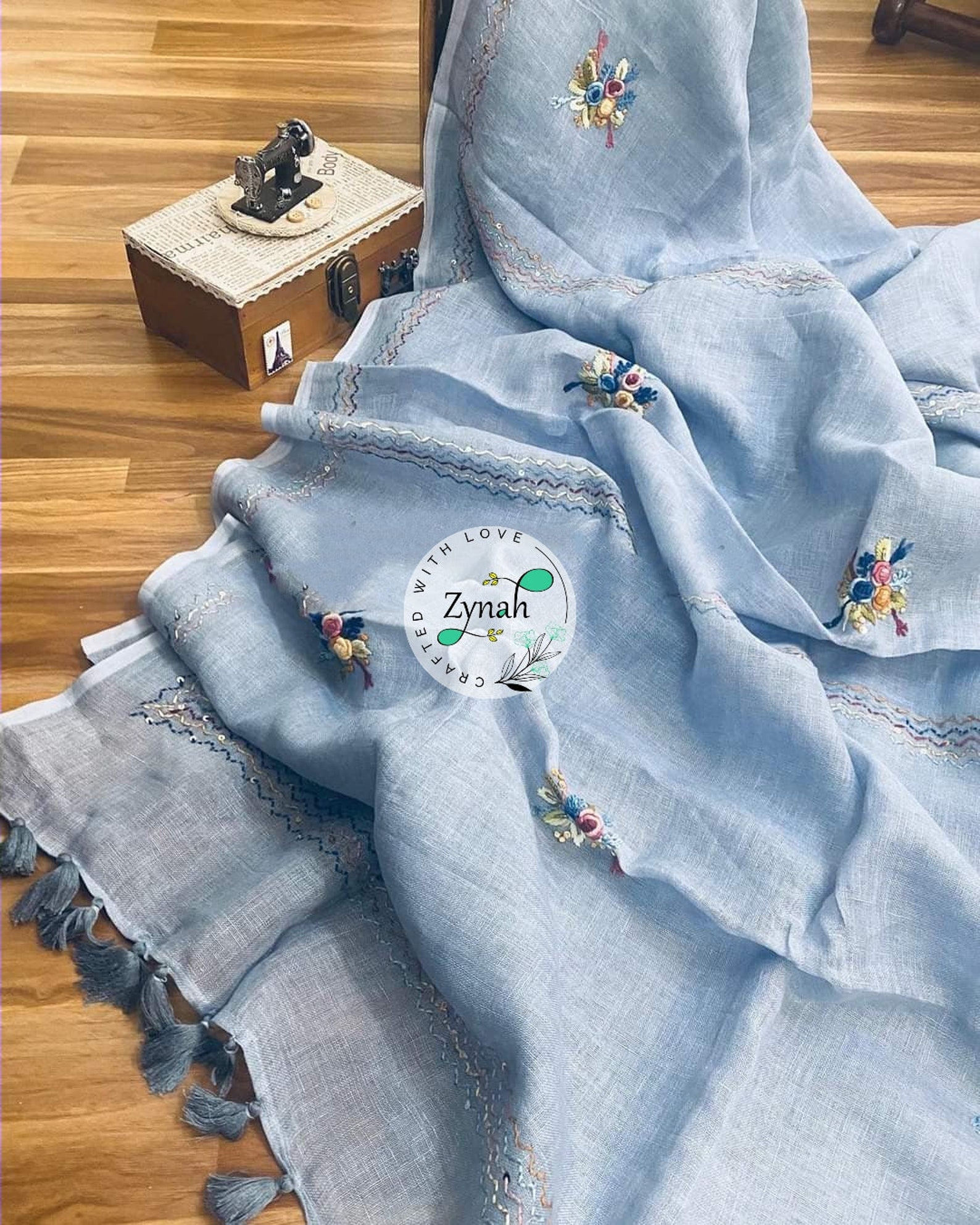 Pure Linen Saree With Hand Embroidery and French Knot Work; Custom ...