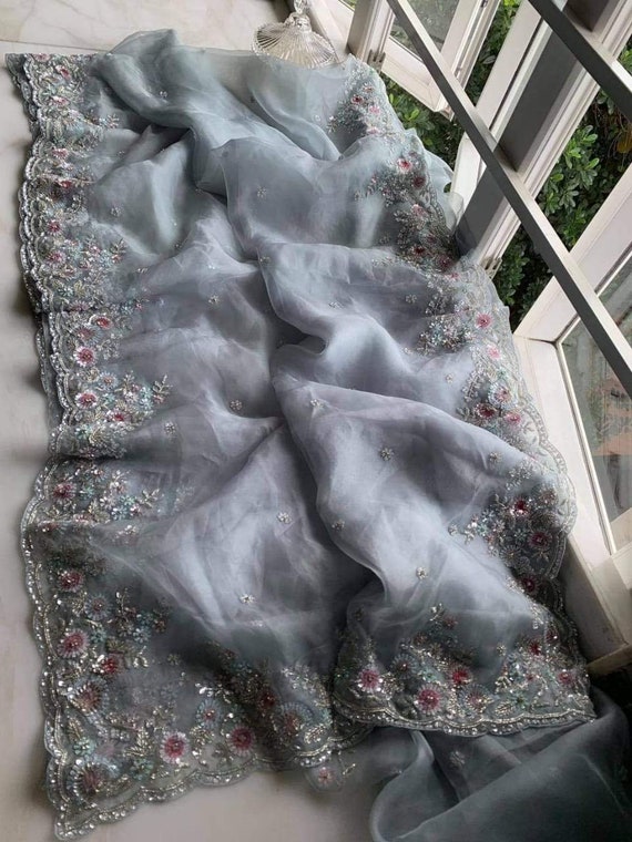 Zynah Organza Silk Handwork Saree Cutdana Sequin N Beads | Etsy