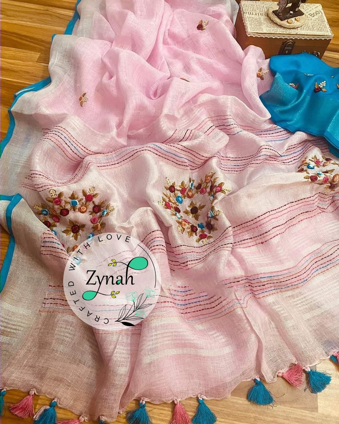 Pure Linen Saree With Hand Embroidery and French Knot Work; Custom ...