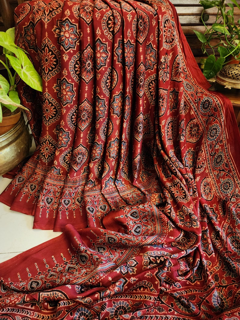Madder Red Modal Silk Vegetable Dye Ajrakh Saree Tissue Pallu,stitched ...