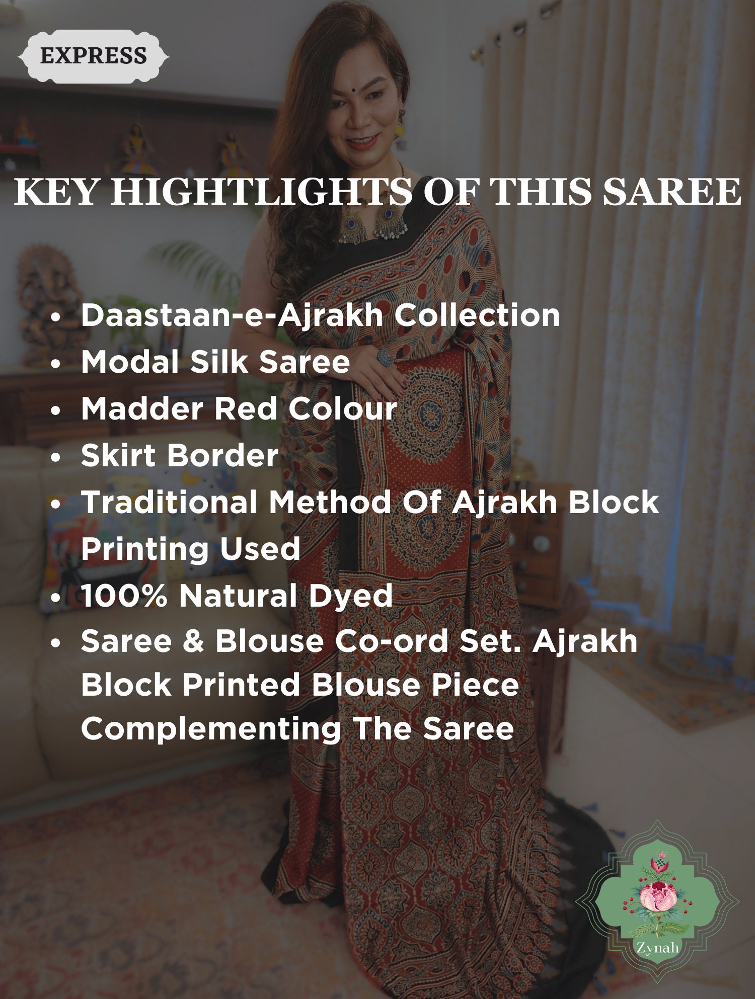 Madder Red Ajrakh Modal Silk Saree With Skirt Border, Crafted With 100% Natural Dyes Timeless ...