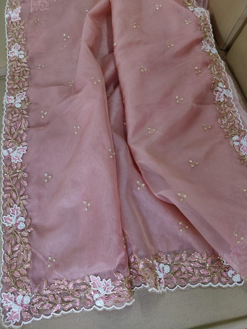 Zynah Organza Silk Saree, Cutdana Work, Pearl Beads Handwork Custom ...