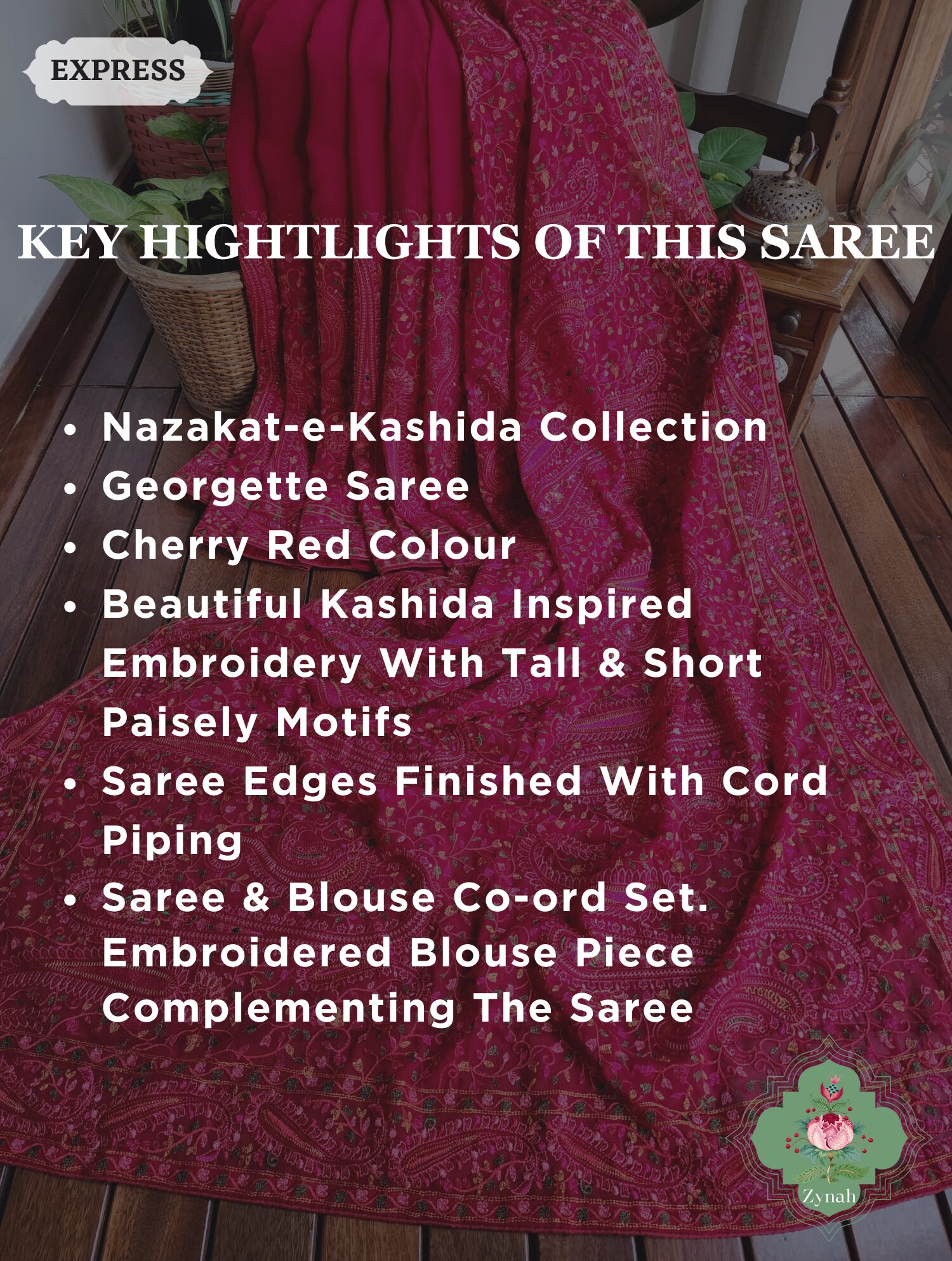 Zynah Cherry Red Georgette Saree With Kashida Inspired Embroidery ...