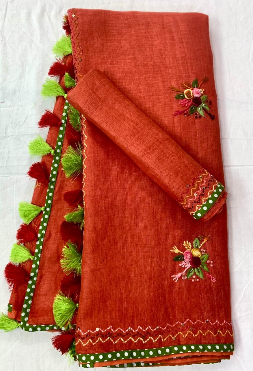 Zynah Pure Linen Saree With Hand Embroidery and French Knot Work Custom ...