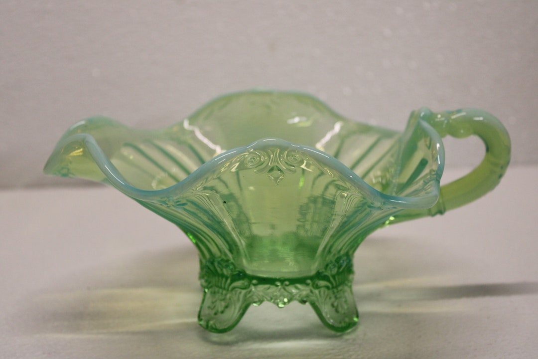 Opalescent Green Depression Glass Ruffled Footed Candy Trinket Dish W ...