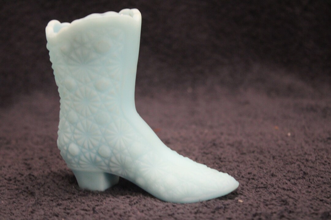 Vintage Fenton Glass Boot Shoe Blue Satin Daisy Button Pattern Custard ...