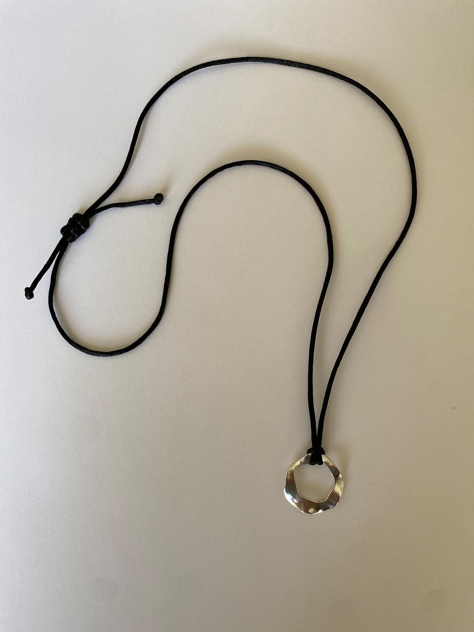 Silver Open Circle Wavy Irregular Pendant Black Adjustable Cord ...