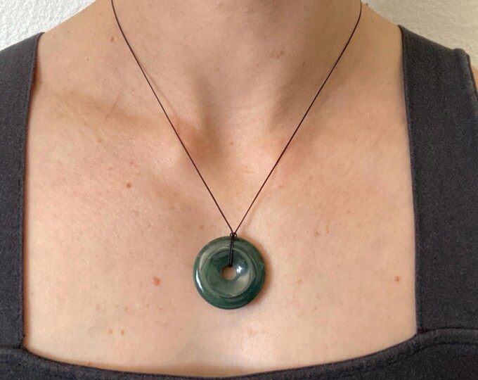 Dark Forest Green Round Circle Coin India Agate Pendant Black Cord ...