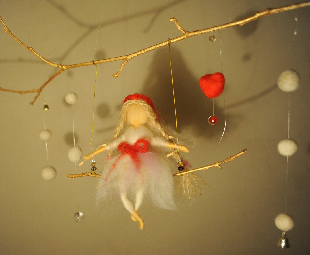 Needle Felted Fairy Mobile: Winter Snow Fantasy Doll, Crystal Bells - Etsy