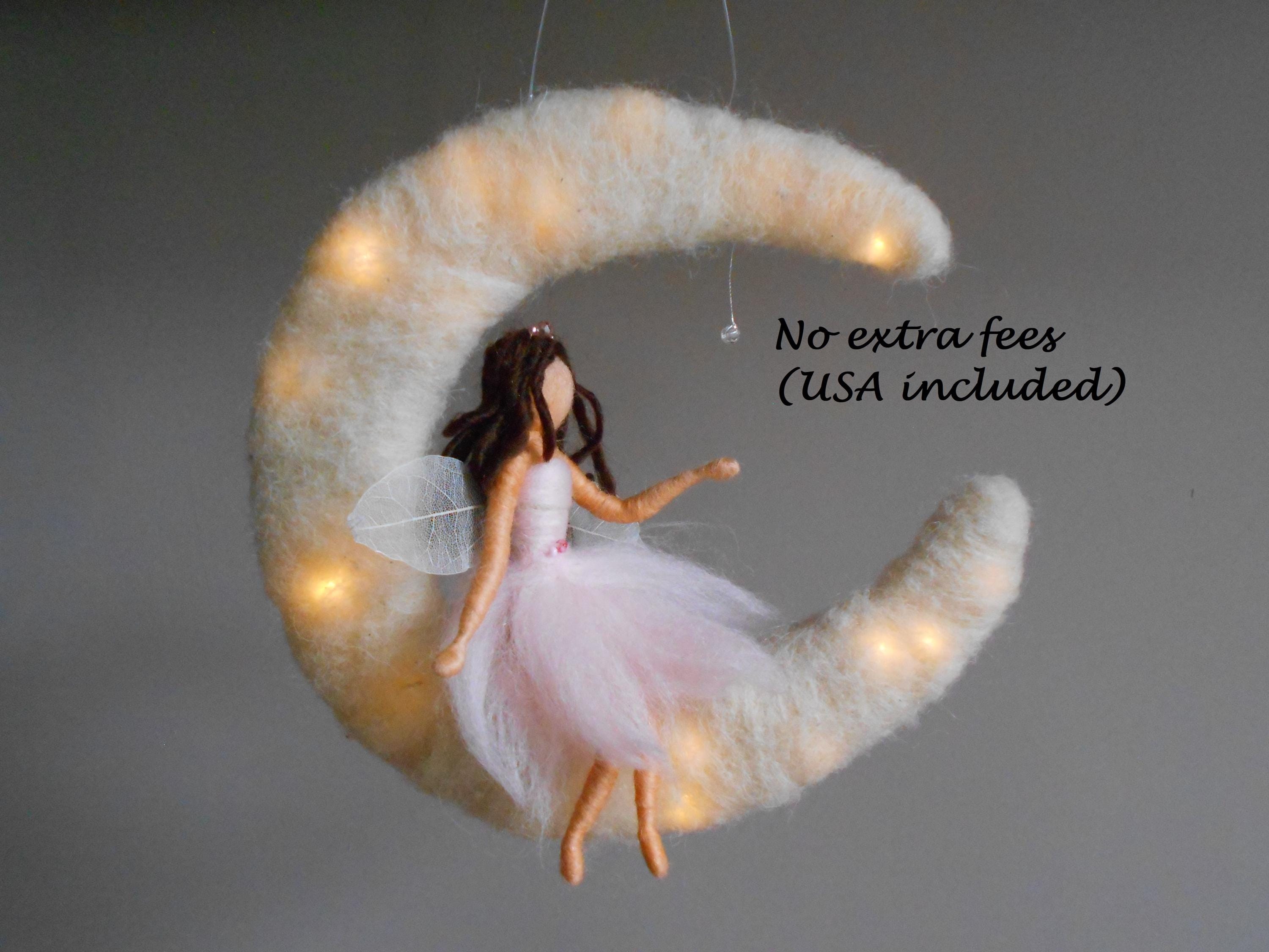 Needle Felted Fairy Doll on Moon With LED Lights: Crystal Star Decor - Etsy