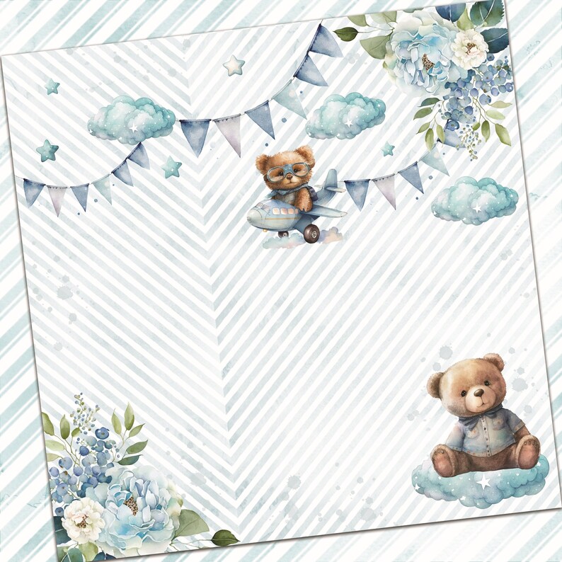 Teddy Bear Digital Paper Set Hot Air Balloons Airplanes Baby Boy ...