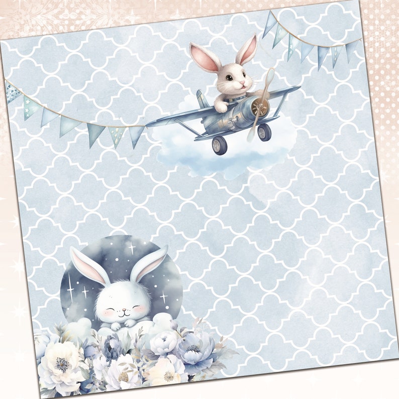 Baby Boy Digital Paper Pack Bunny Land Beige and Blue Printable ...