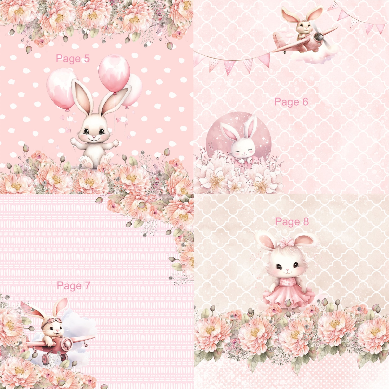 Baby Girl Digital Paper Pack Bunny Land Beige and Pink Printable ...
