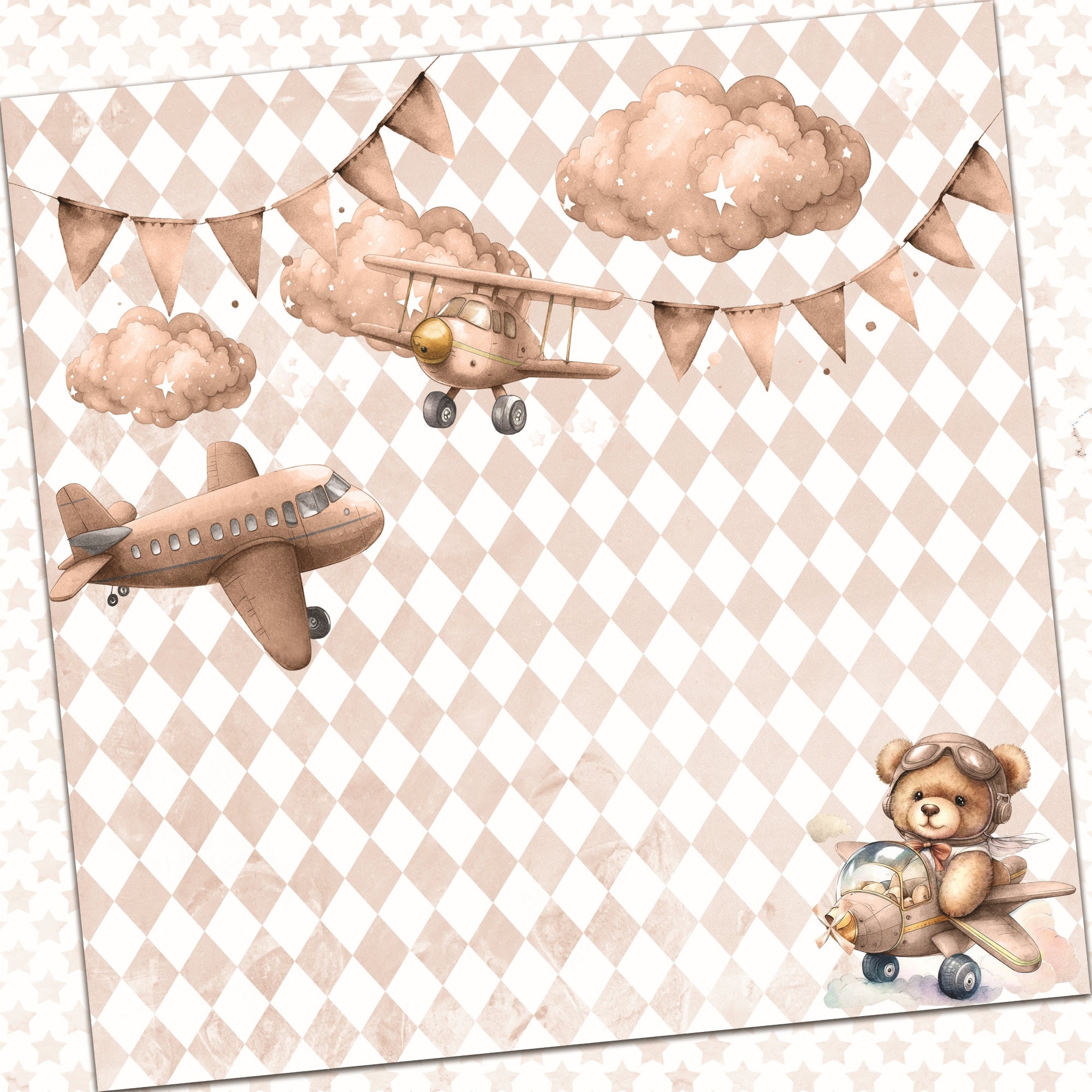Teddy Bear Digital Paper Set Hot Air Balloons Airplanes Baby Boy ...