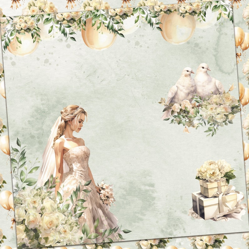 Beige and Green Digital Paper Set Wedding Paper Pack Craft Paper ...