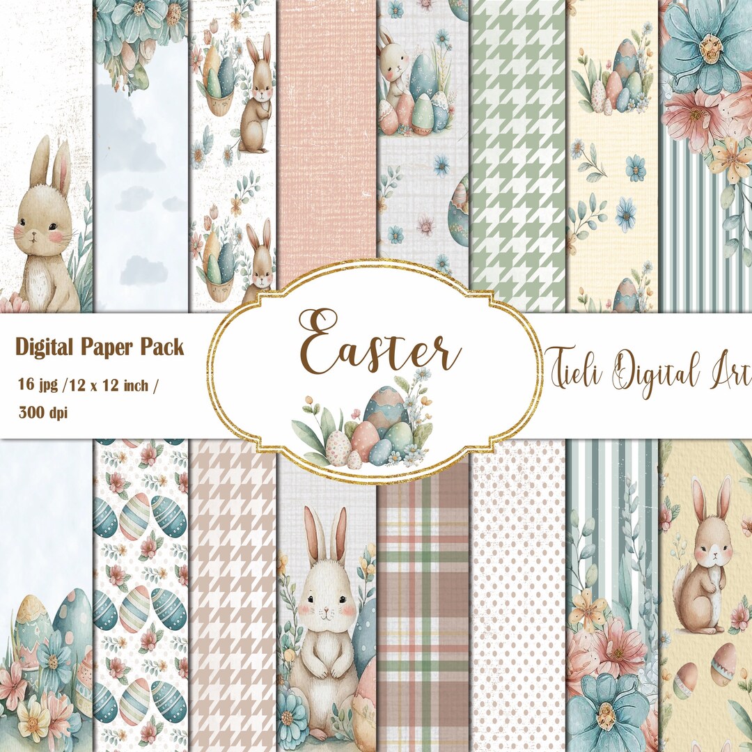 Easter Digital Paper Set Easter Bunnies With Eggs Digital Paper Pack ...