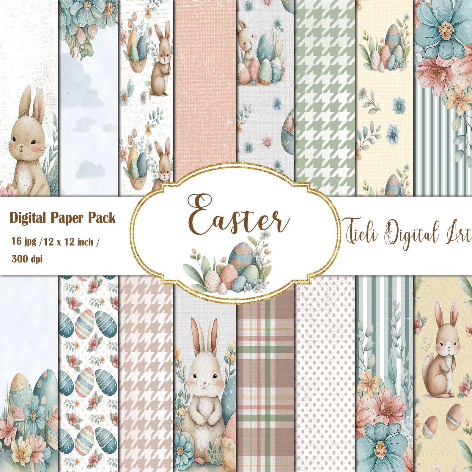 Easter Digital Paper Set Easter Bunnies With Eggs Digital Paper Pack ...