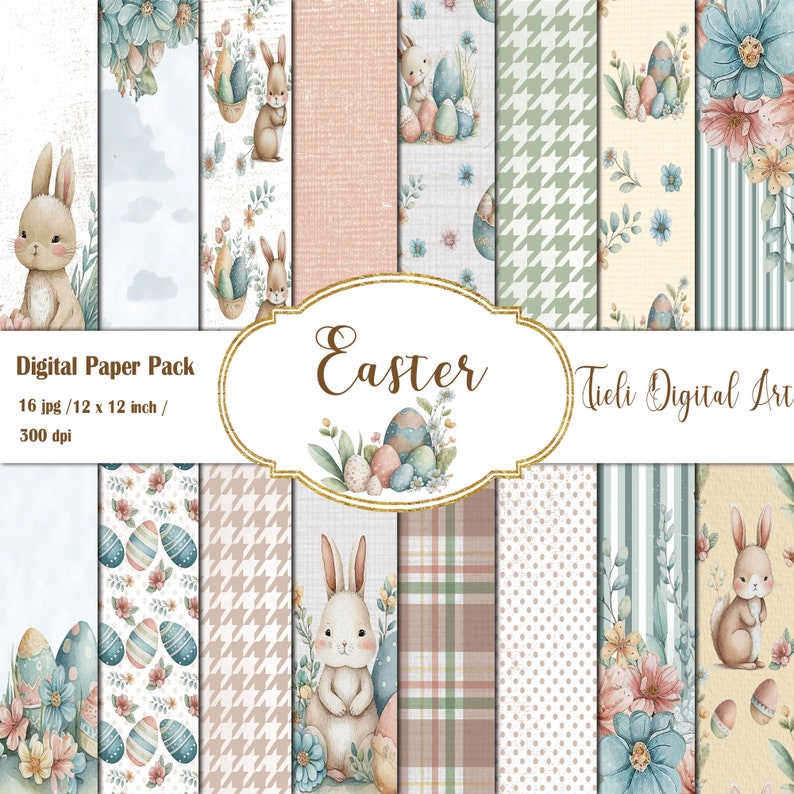 Easter Digital Paper Set Easter Bunnies With Eggs Digital Paper Pack ...