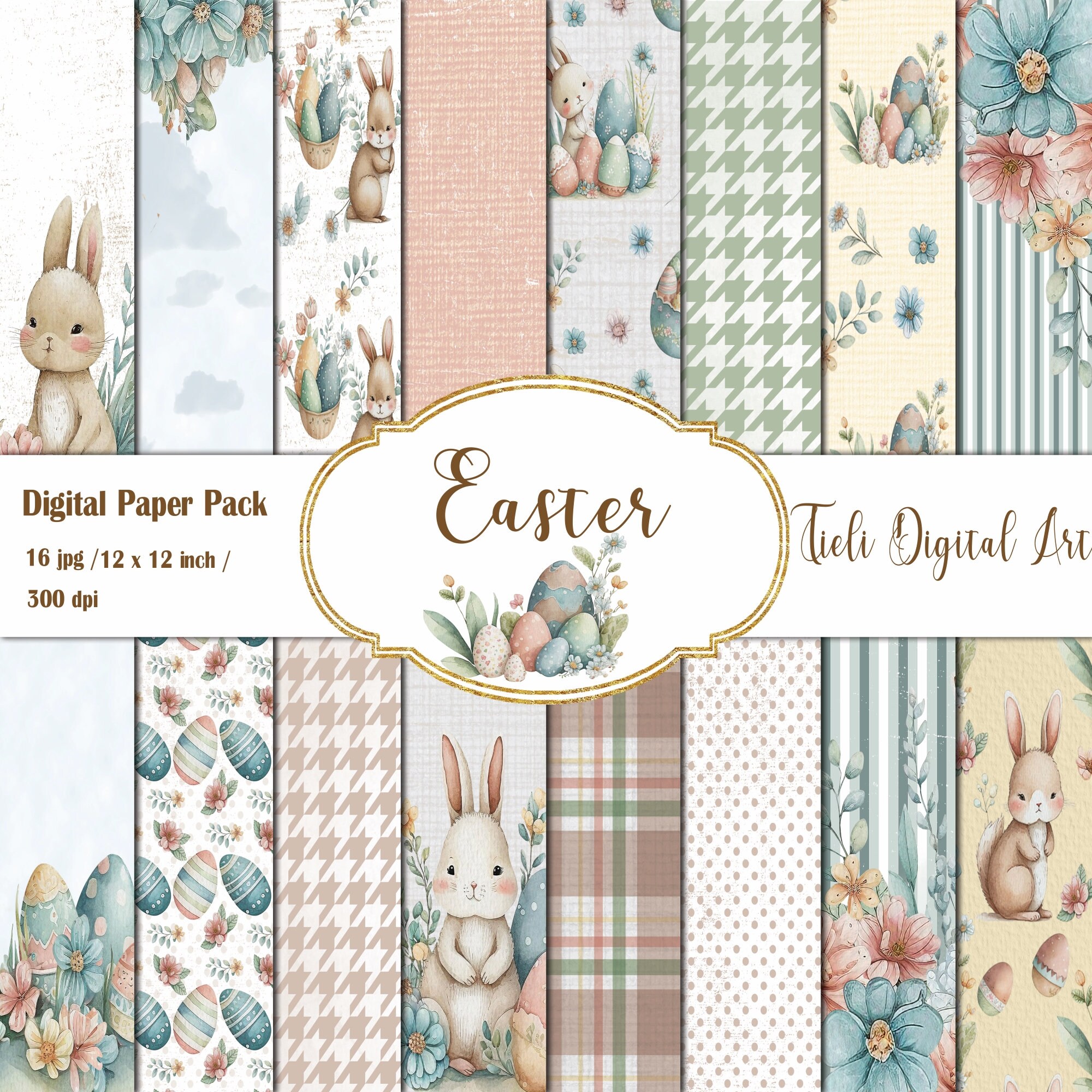 Easter Digital Paper Set Easter Bunnies With Eggs Digital Paper Pack ...