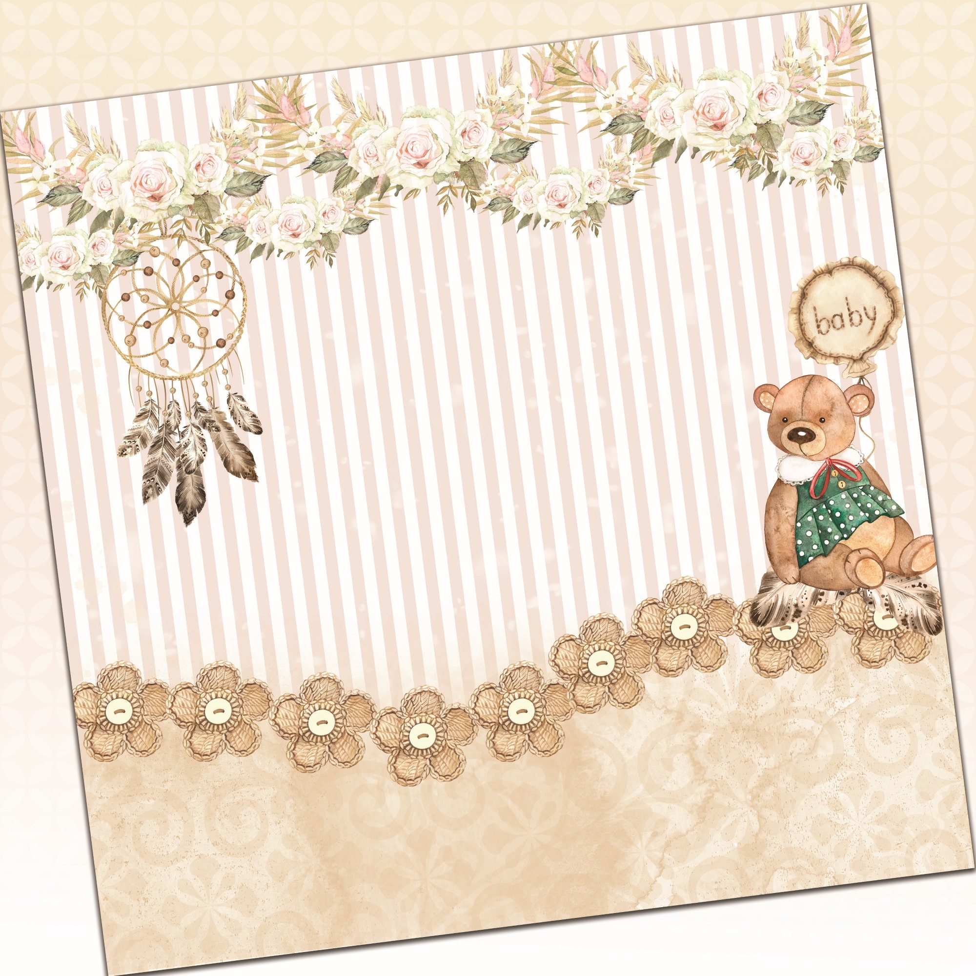 Teddy Bear Digital Paper Set Macrame Boho Nursery Background Boho Baby ...