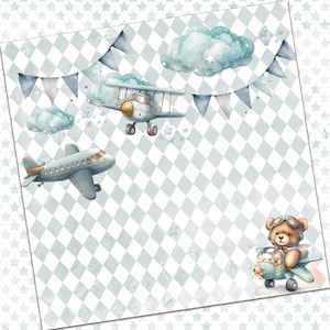 Teddy Bear Digital Paper Set Hot Air Balloons Airplanes Baby Boy ...