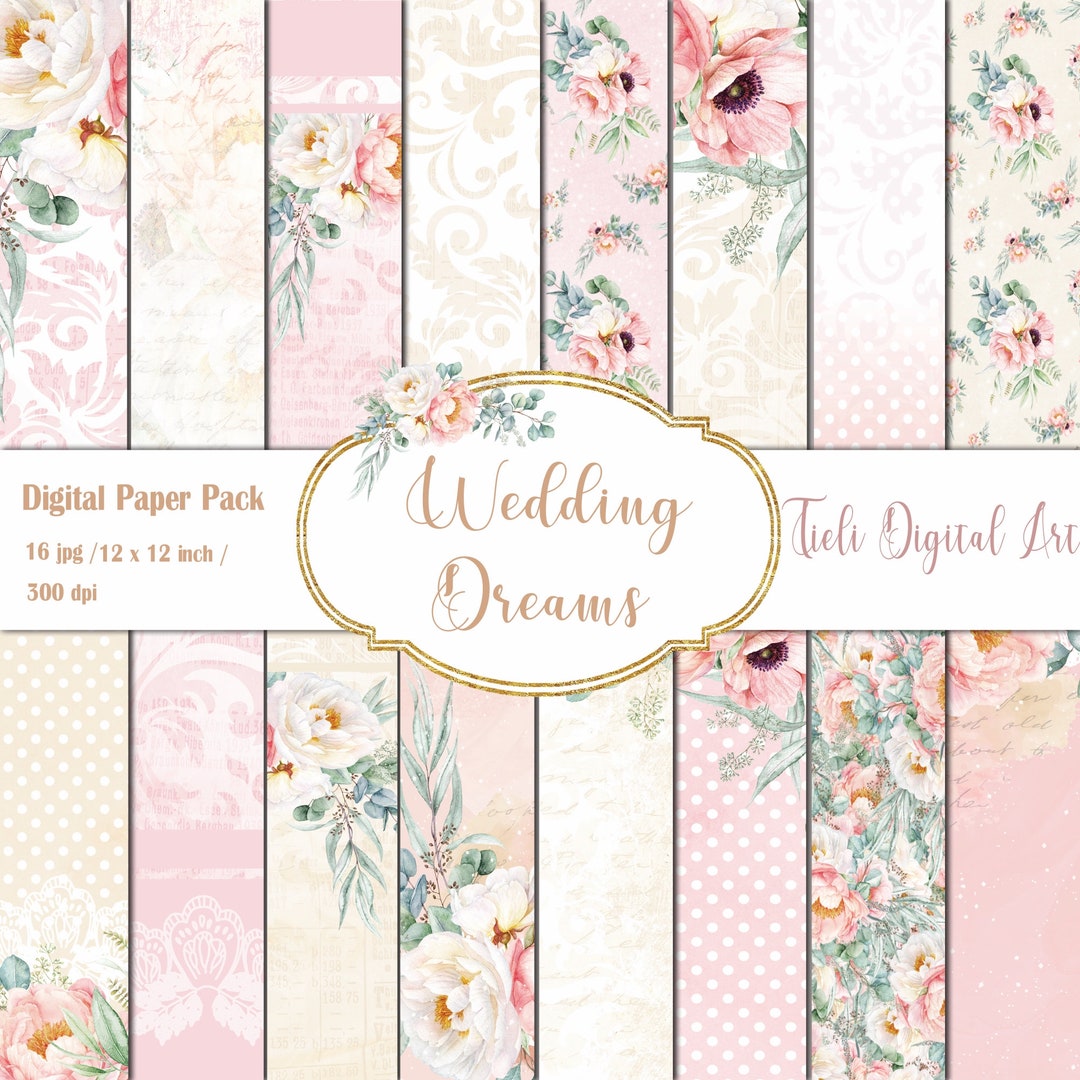 Light Pink Floral Wedding Digital Paper Set Eucalyptus Peonies White ...
