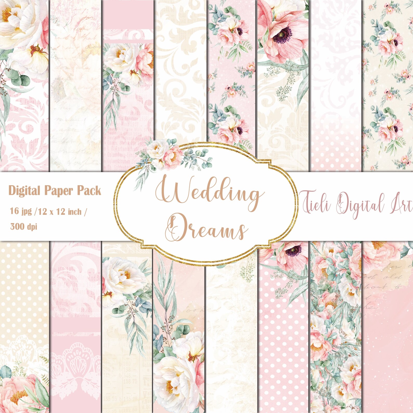 Light Pink Floral Wedding Digital Paper Set Eucalyptus Peonies White ...