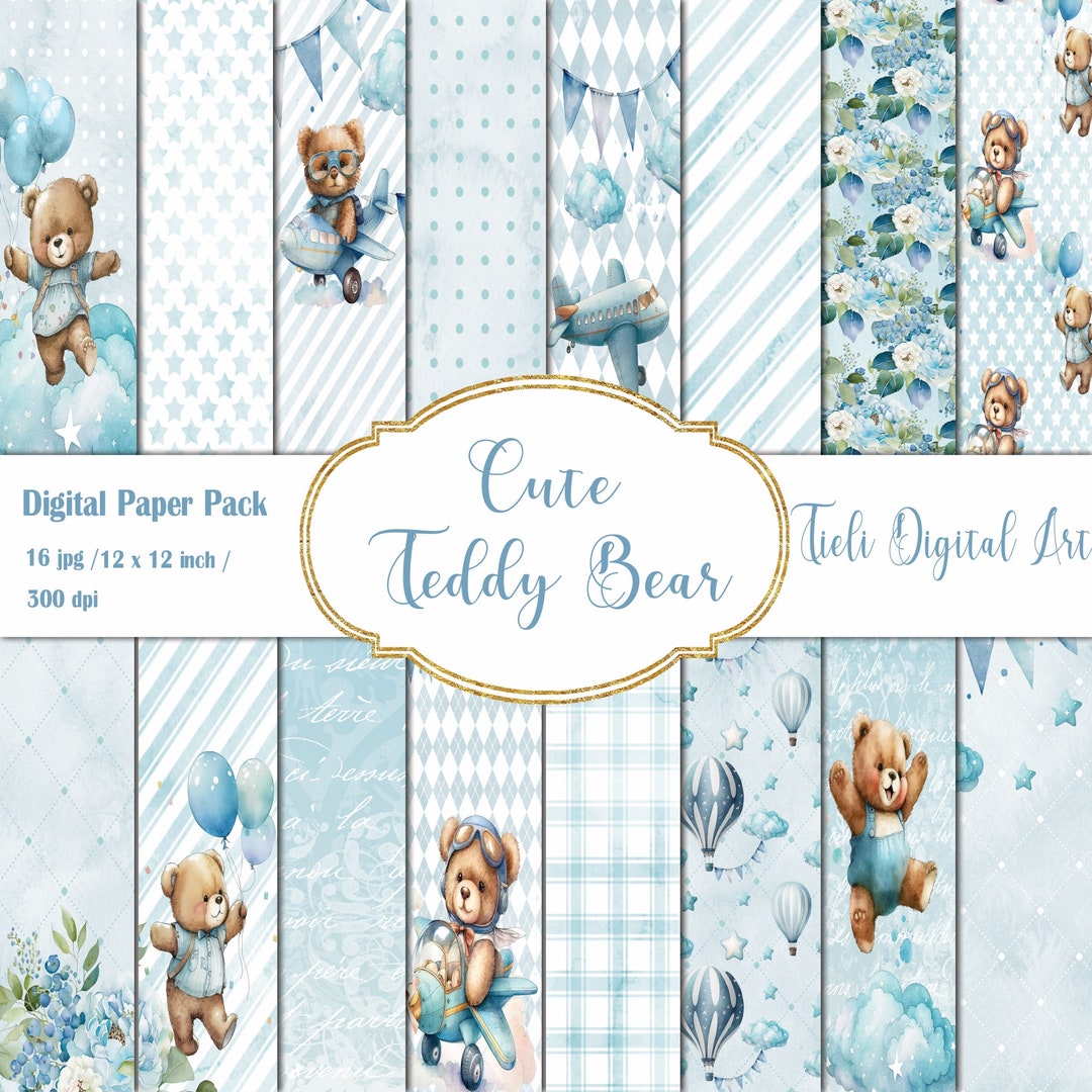 Teddy Bear Digital Paper Set Hot Air Balloons Airplanes Baby Boy ...