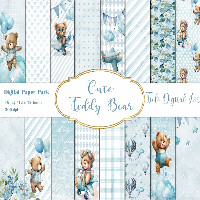 Teddy Bear Digital Paper Set Hot Air Balloons Airplanes Baby Boy ...