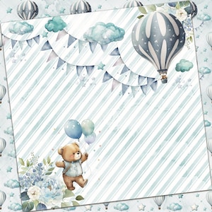 Teddy Bear Digital Paper Set Hot Air Balloons Airplanes Baby Boy ...