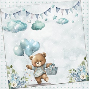 Teddy Bear Digital Paper Set Hot Air Balloons Airplanes Baby Boy ...