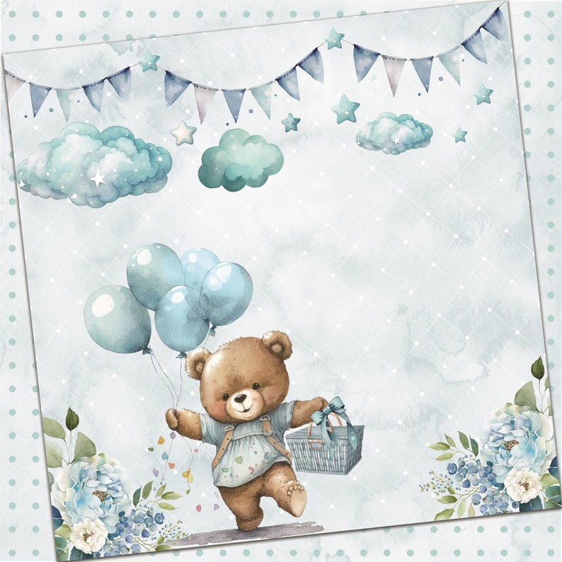 Teddy Bear Digital Paper Set Hot Air Balloons Airplanes Baby Boy ...