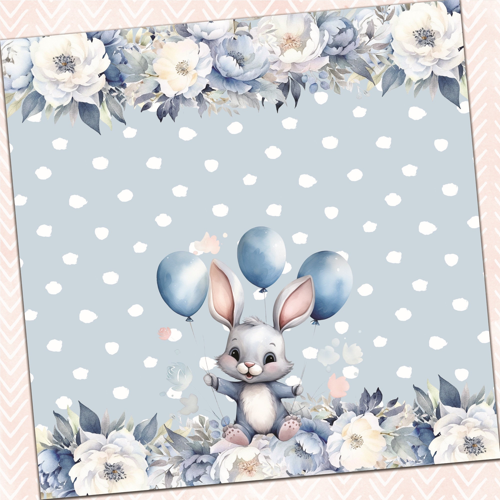 Baby Boy Digital Paper Pack Bunny Land Beige and Blue Printable ...