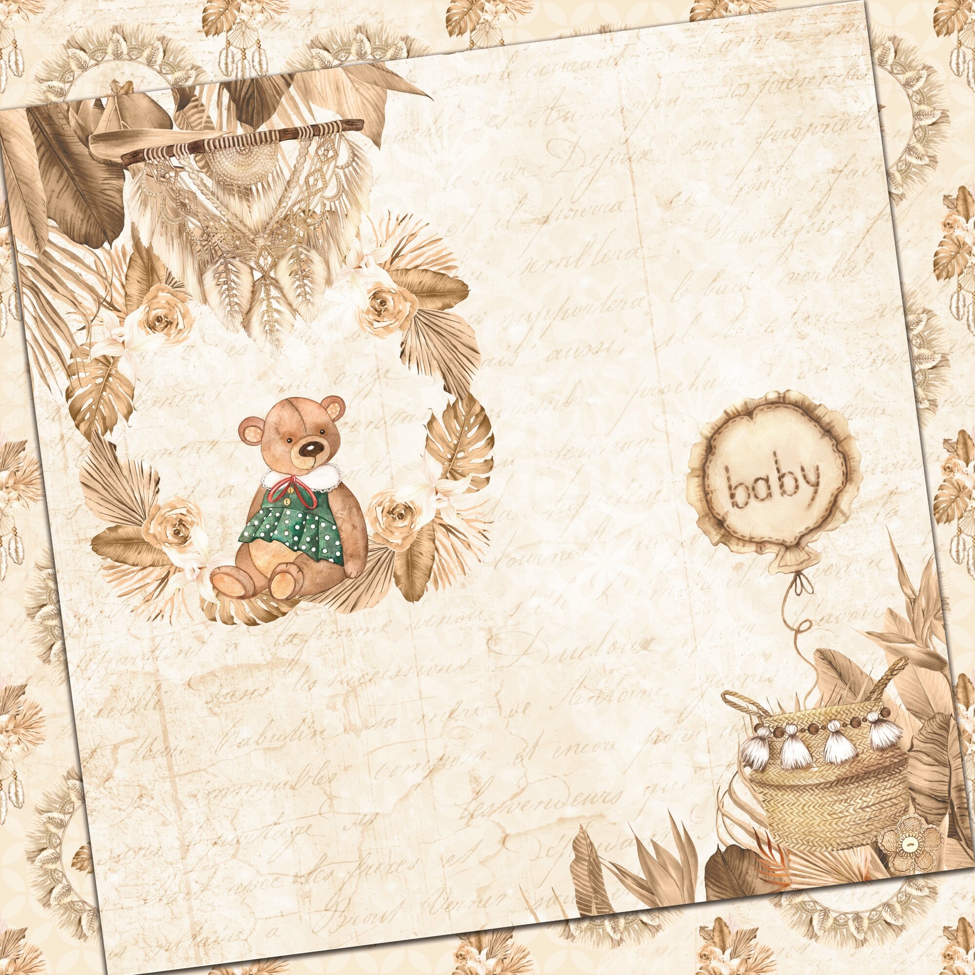 Teddy Bear Digital Paper Set Macrame Boho Nursery Background Boho Baby ...