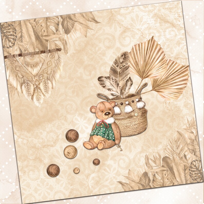 Teddy Bear Digital Paper Set Macrame Boho Nursery Background Boho Baby ...